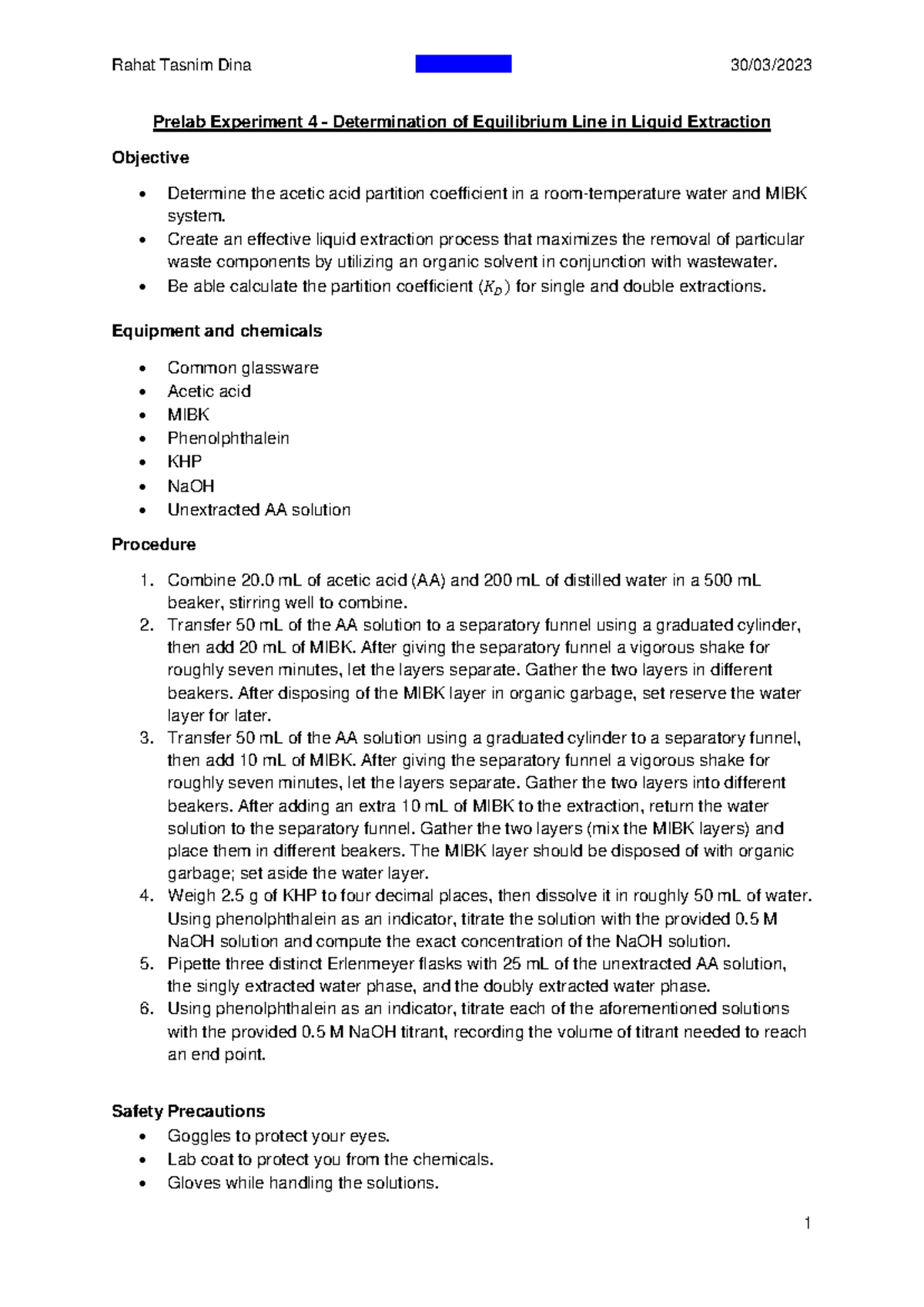 Prelab Exp. 4 - Rahat Dina - Rahat Tasnim Dina 301188898 30 / 03 / 1 Prelab Experiment 4 - - Studocu