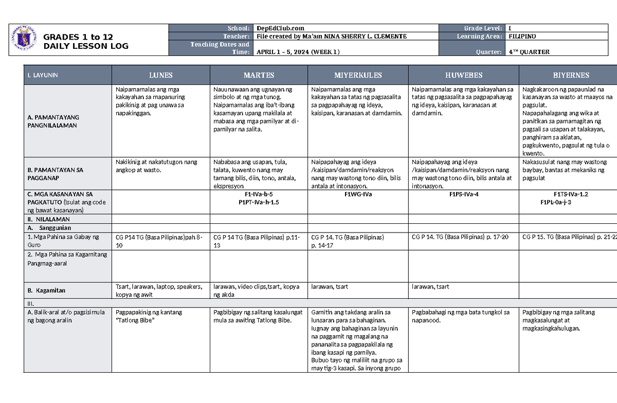 DLL Filipino 1 Q4 W1lesson log - GRADES 1 to 12 DAILY LESSON LOG School ...