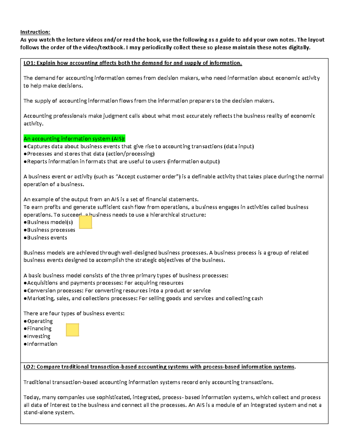 Ch1 Notes - Spr2023 - Instruction: As you watch the lecture videos and ...
