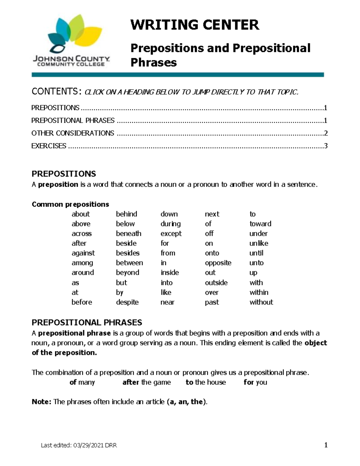 Prepositions - Students - Prepositions and Prepositional Phrases ...