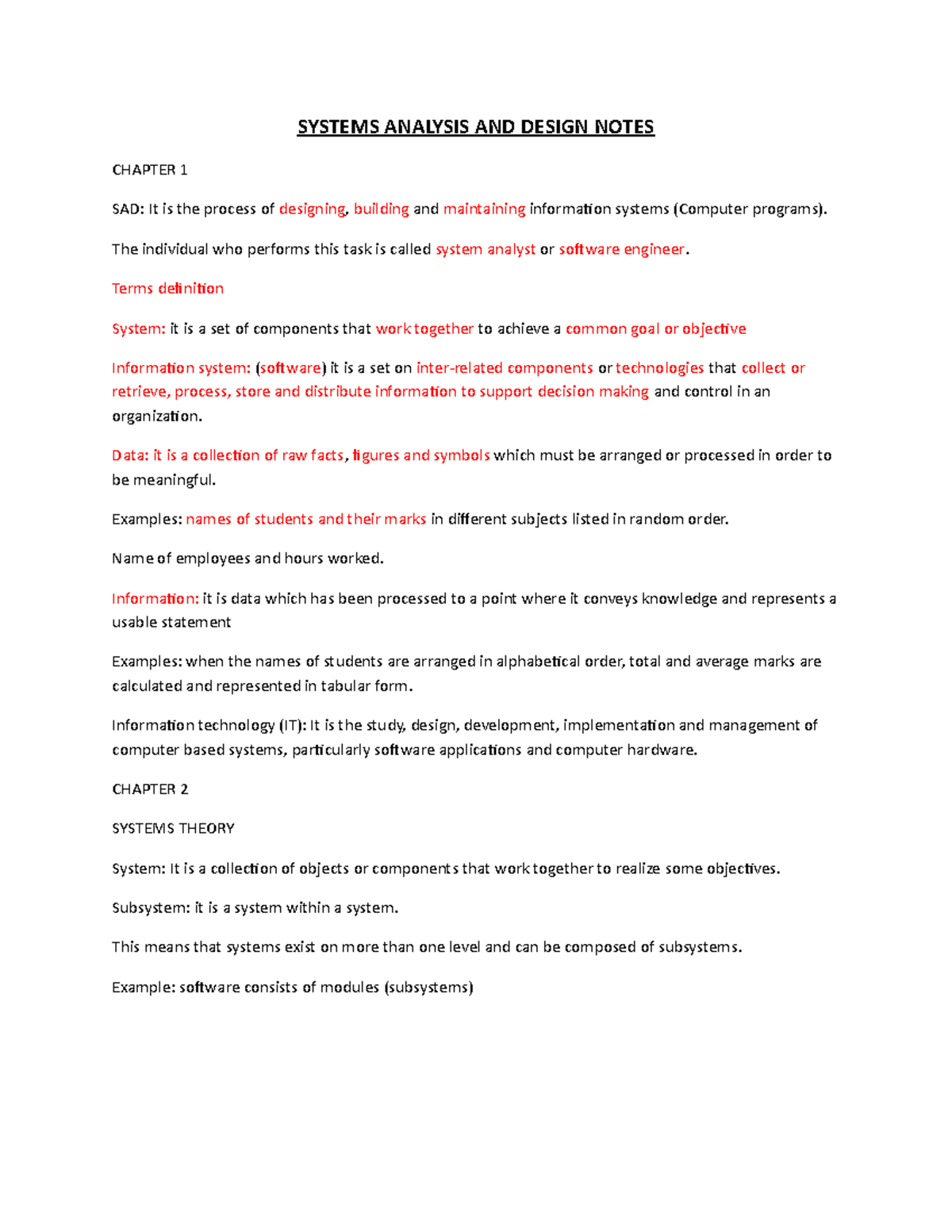 SAD Lesson Notes - SYSTEMS ANALYSIS AND DESIGN NOTES CHAPTER 1 SAD: It ...