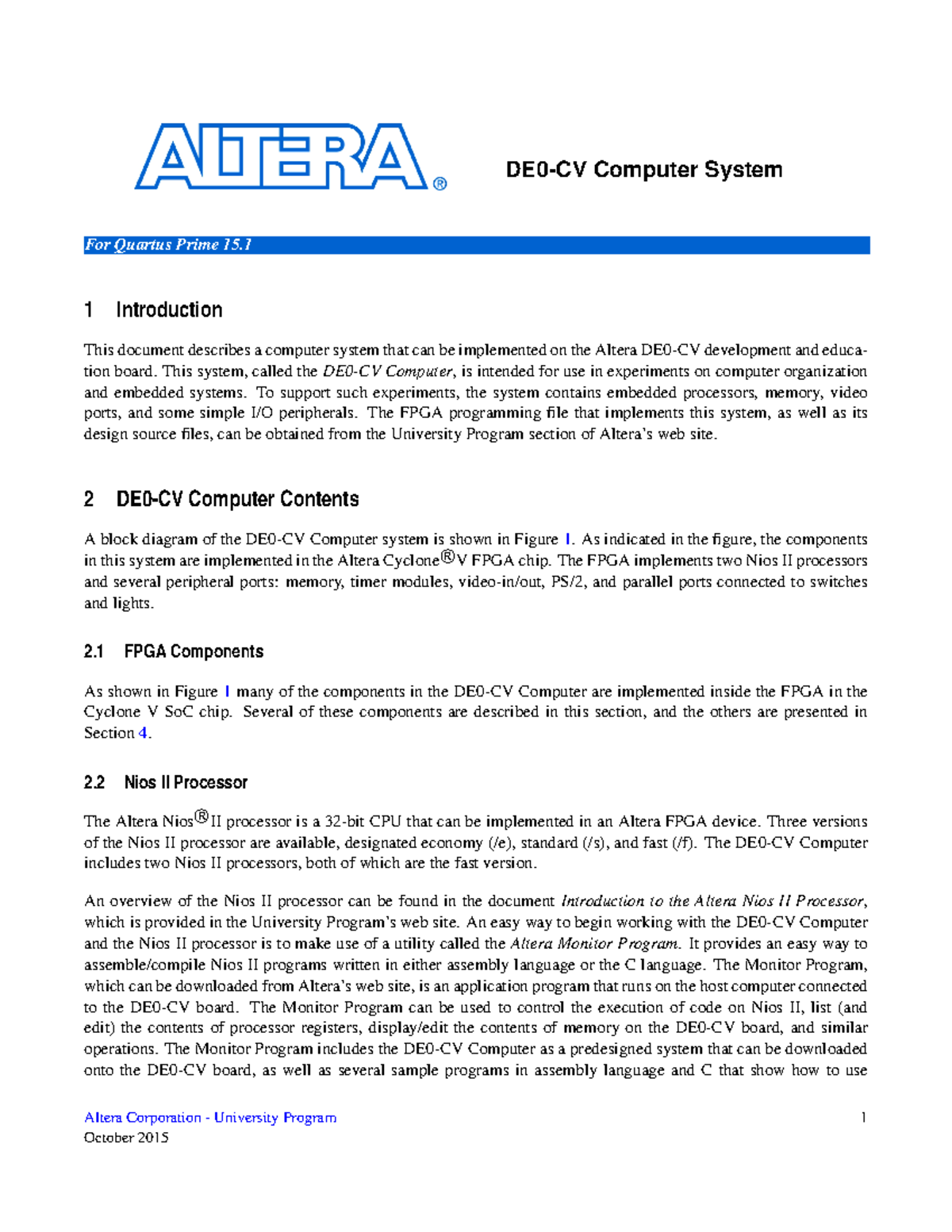 DE0-CV Computer Nios II - DE0-CV Computer System For Quartus Prime 15 ...