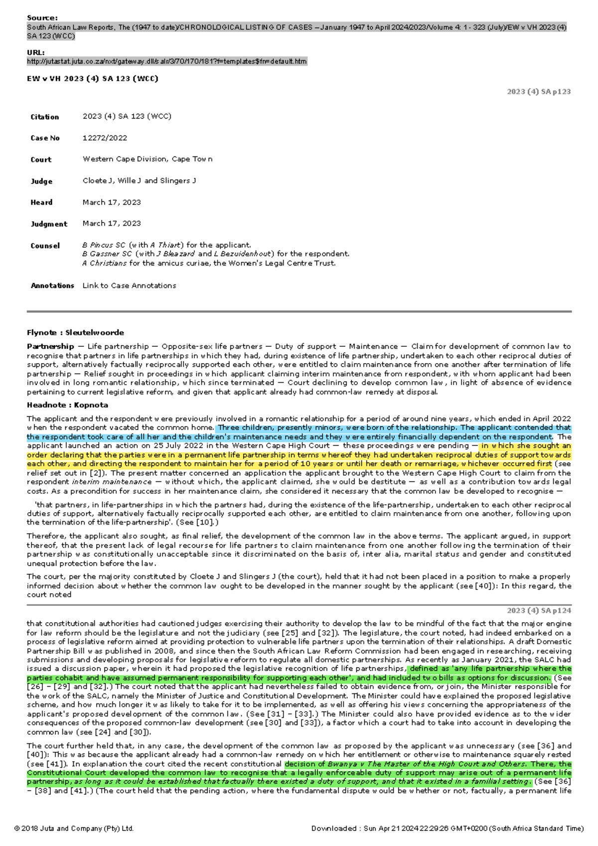 EW v VH 2023 (4) SA 123 (WCC) - Source: South African Law Reports, The ...