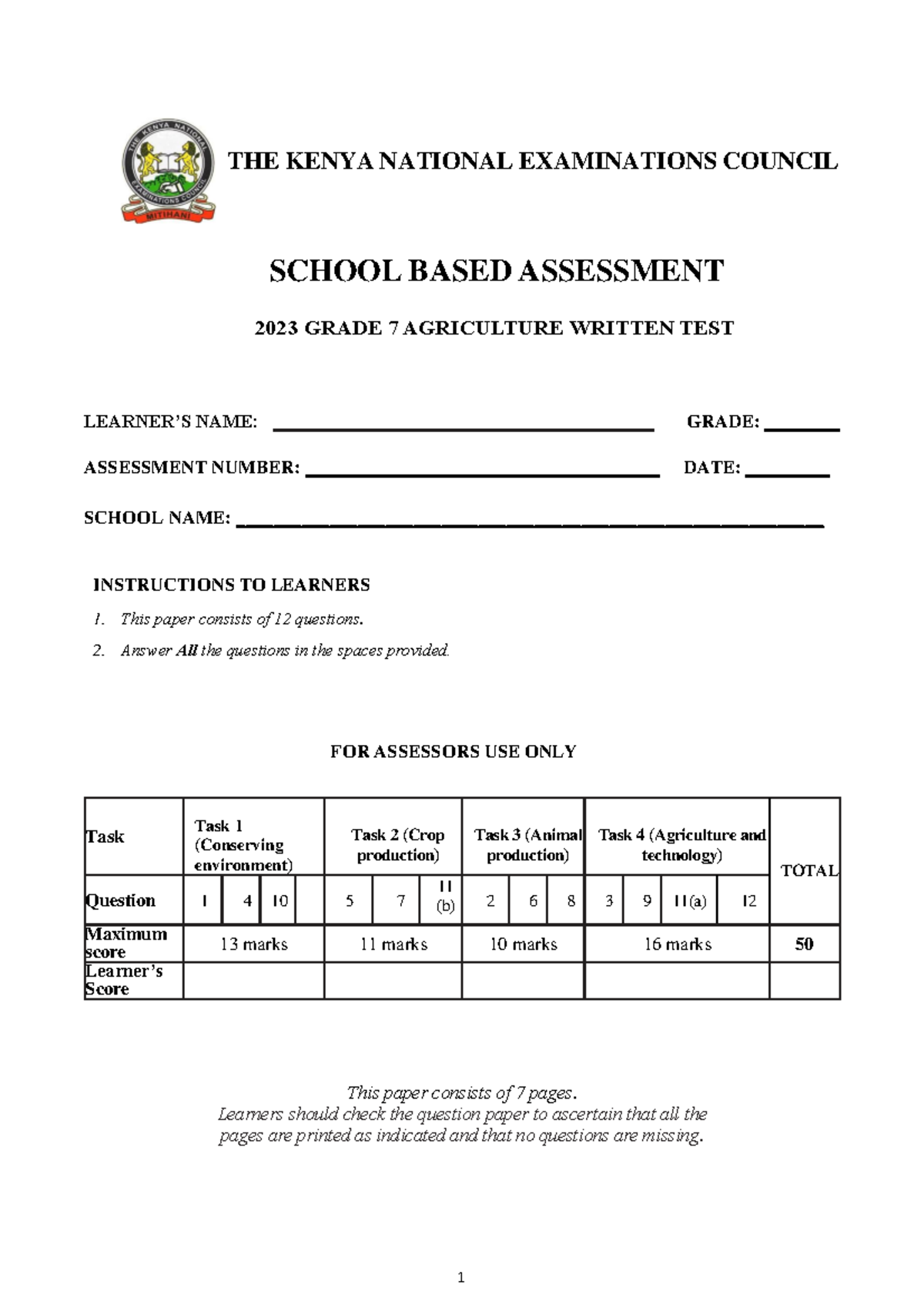 AGR Regular Questions - THE KENYA NATIONAL EXAMINATIONS COUNCIL SCHOOL ...