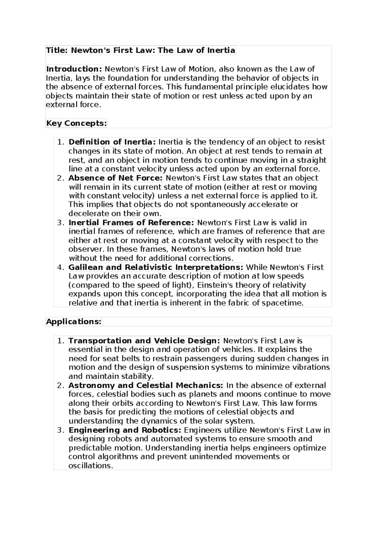 Newton's first law - NOTES - Title: Newton's First Law: The Law of ...