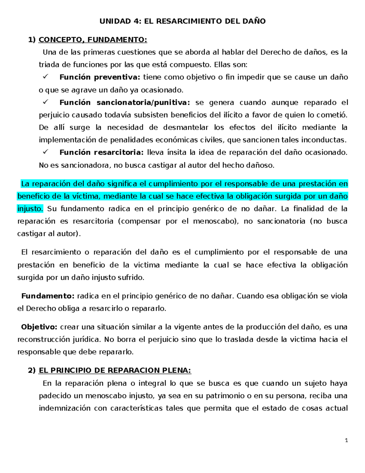 apuntes Unidad 4 - UNIDAD 4: EL RESARCIMIENTO DEL DAÑO 1) CONCEPTO ...
