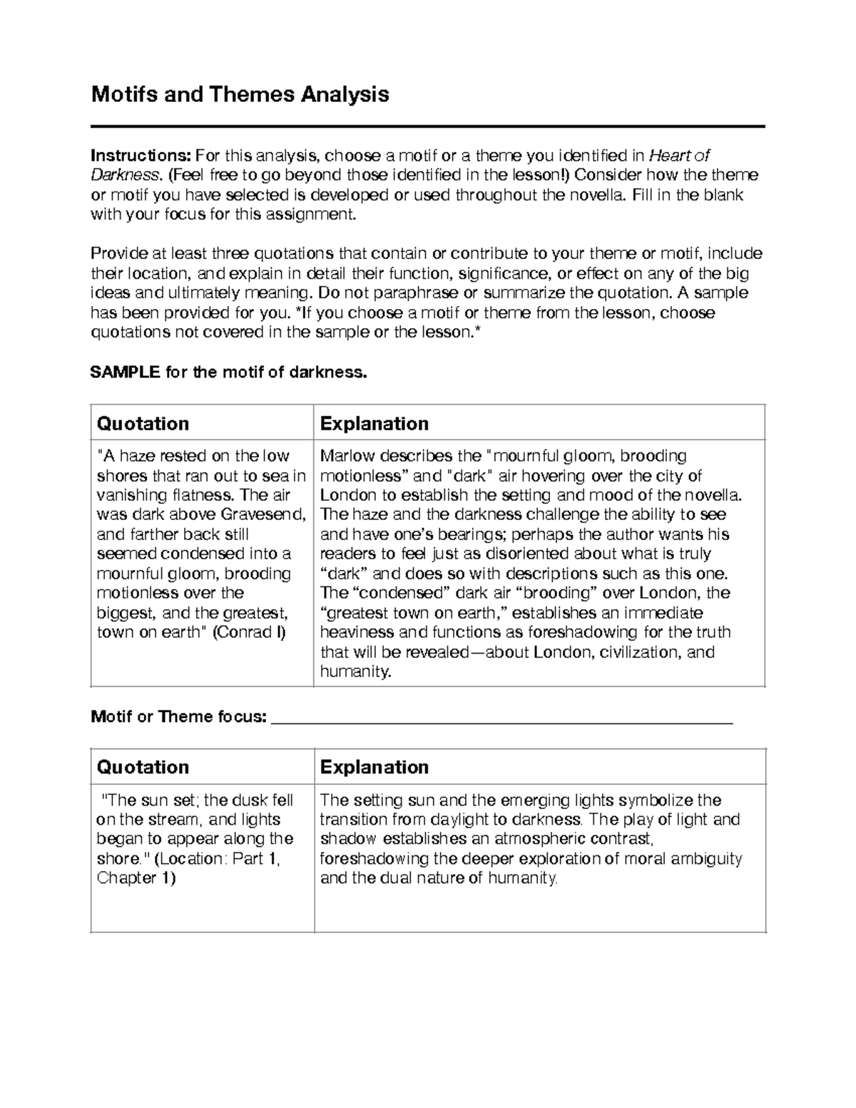 Motifthemeanalysis - homework - Motifs and Themes Analysis Instructions ...