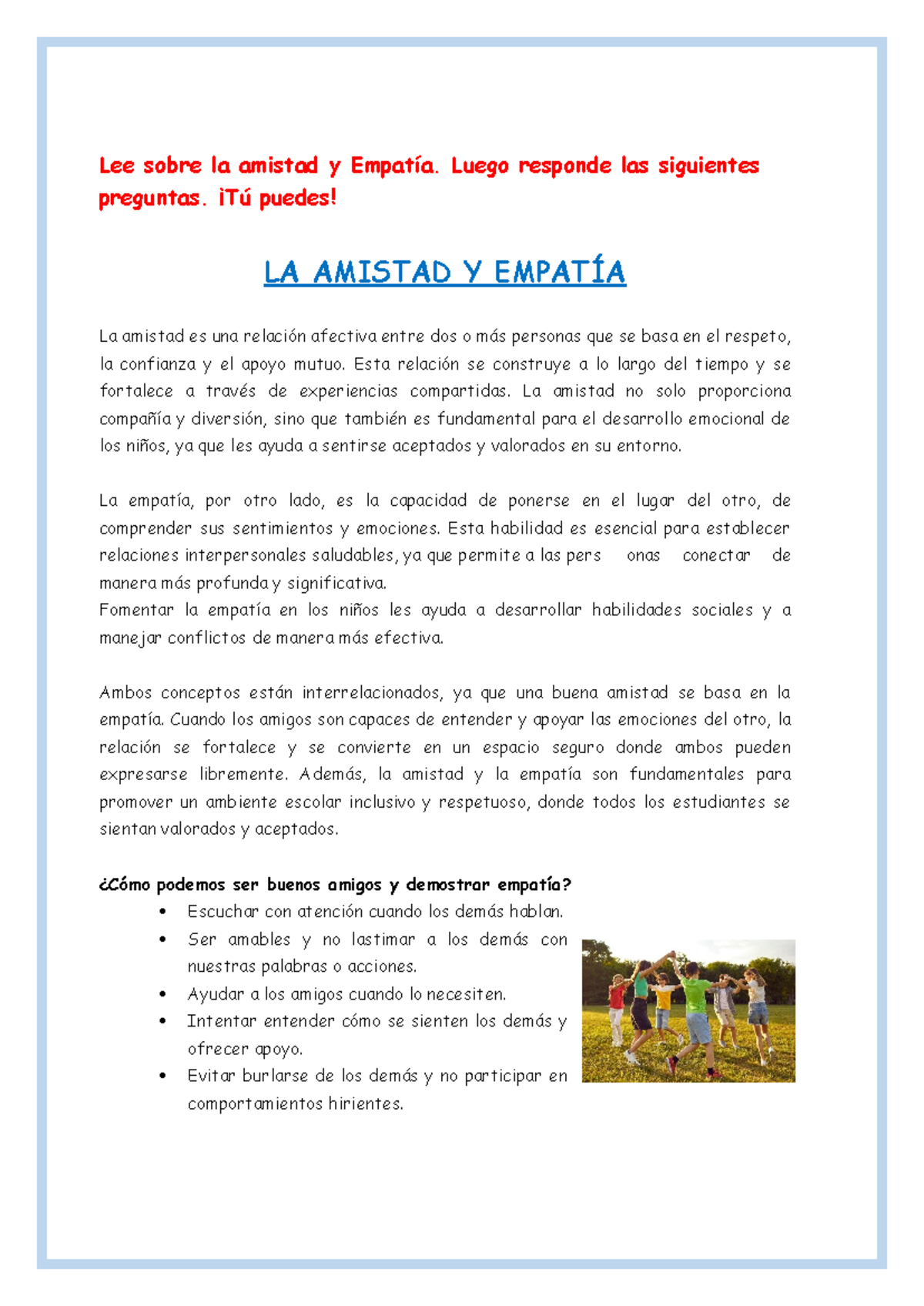 Información de Tutoría 27-09 - Lee sobre la amistad y Empatía. Luego ...