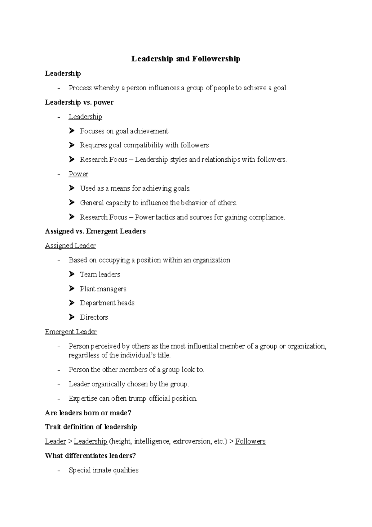 Leaders and Followers lecture notes - Leadership and Followership ...