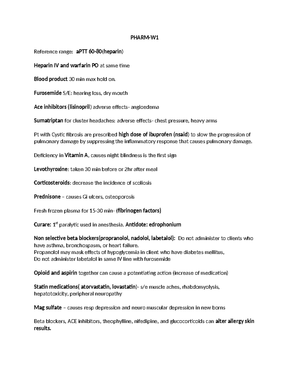 N493- Mynotes - N493 notes-ati - PHARM-W Reference range: aPTT 60-80 ...