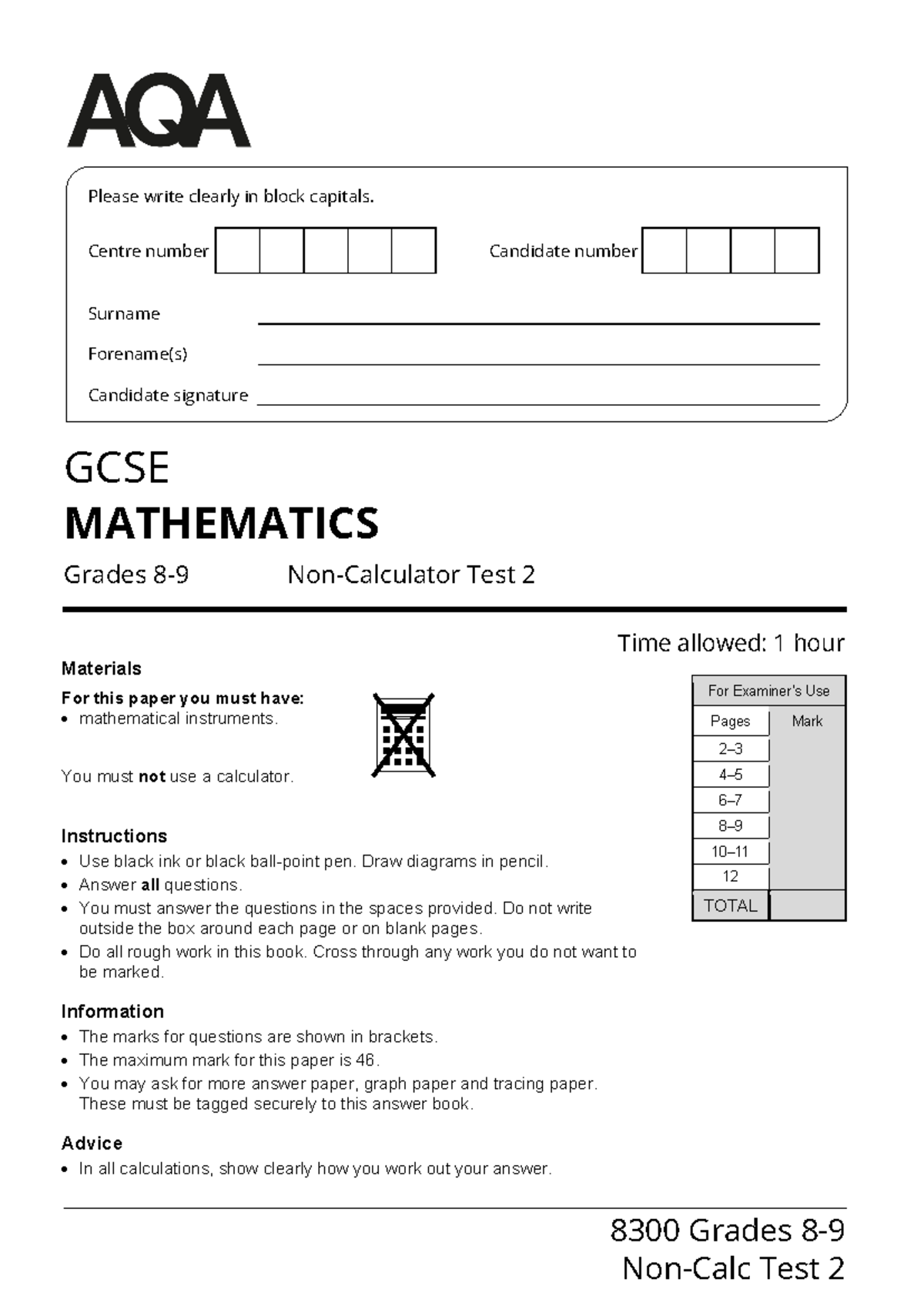 Grades 8 9 non calculator test 2 question paper - 8300 Grades 8 - 9 Non ...
