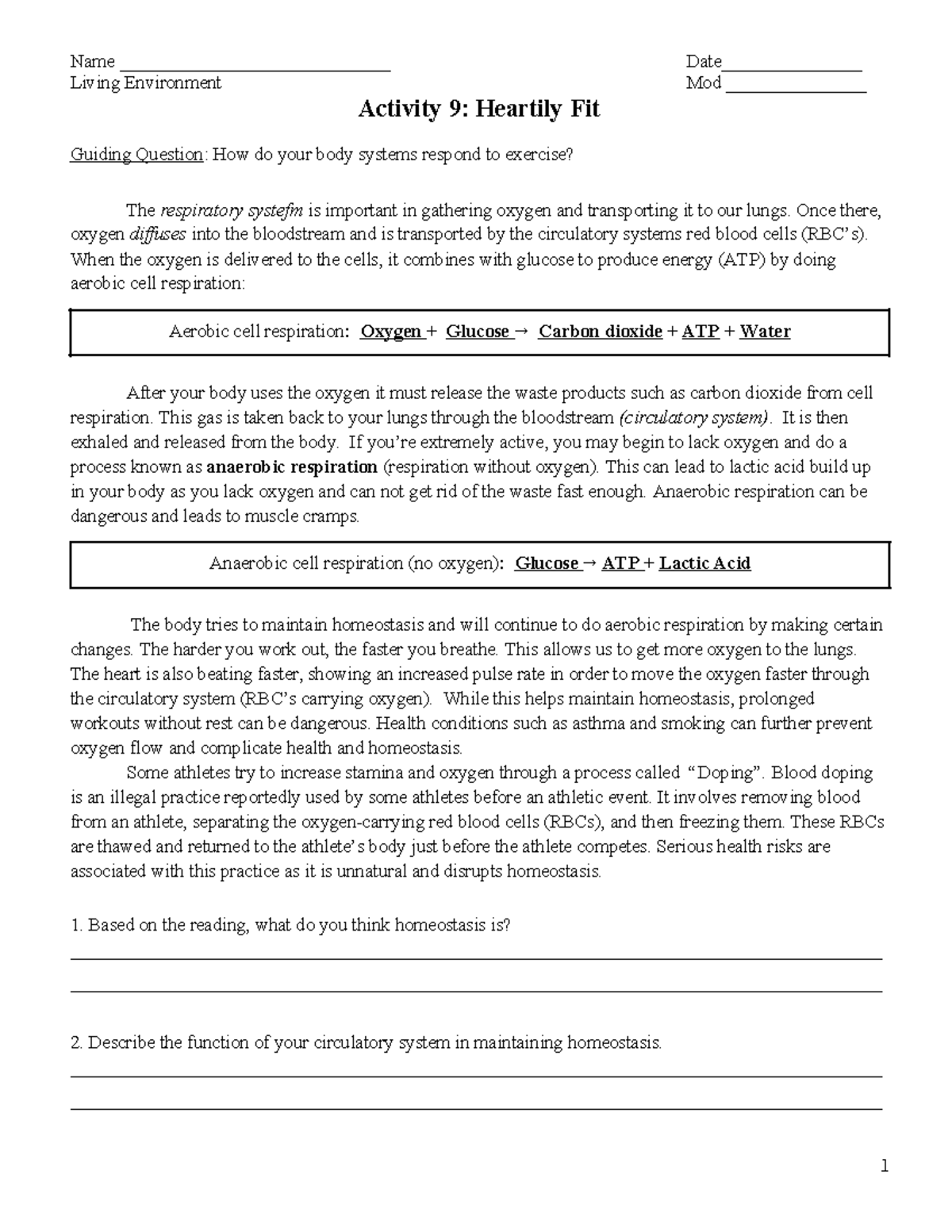 Body Systems Activity 9 Handout- Making Connections - Name