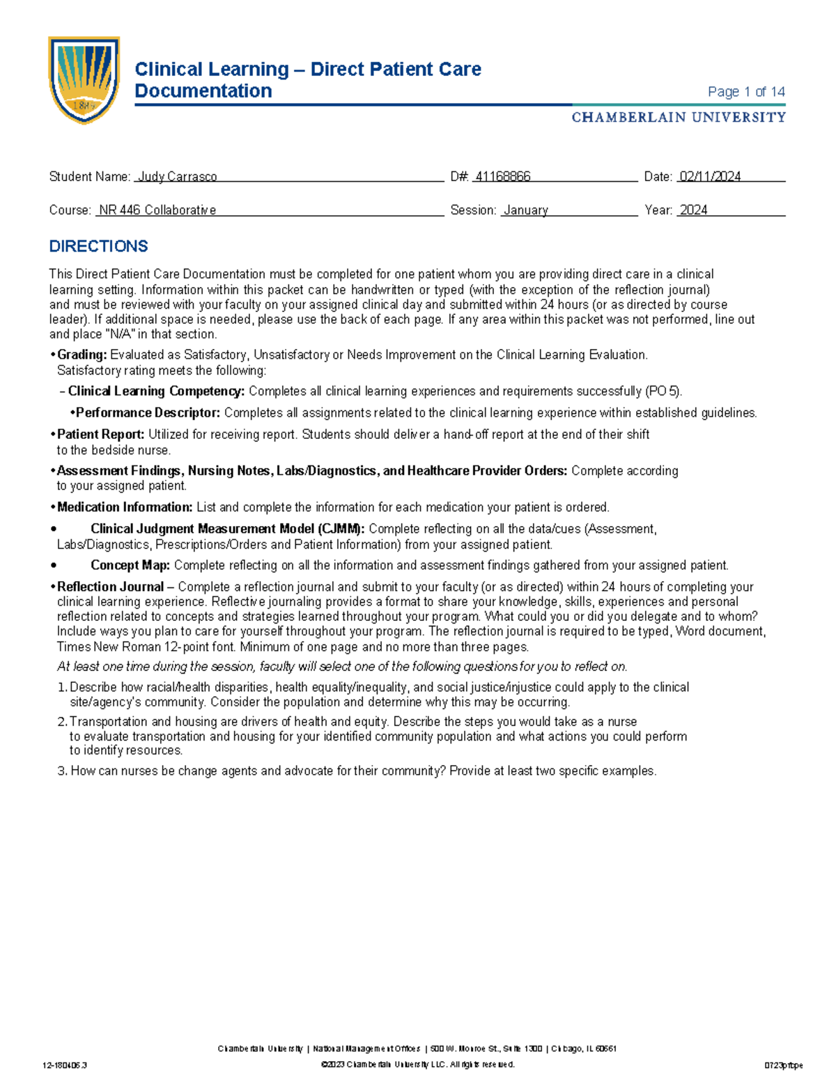Level 4 DPCD week 5-1 - Direct patient care - Documentation Chamberlain ...