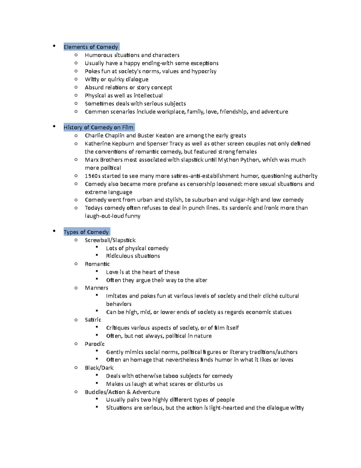 Comedy - Notes on powerpoints - Elements of Comedy o Humorous ...