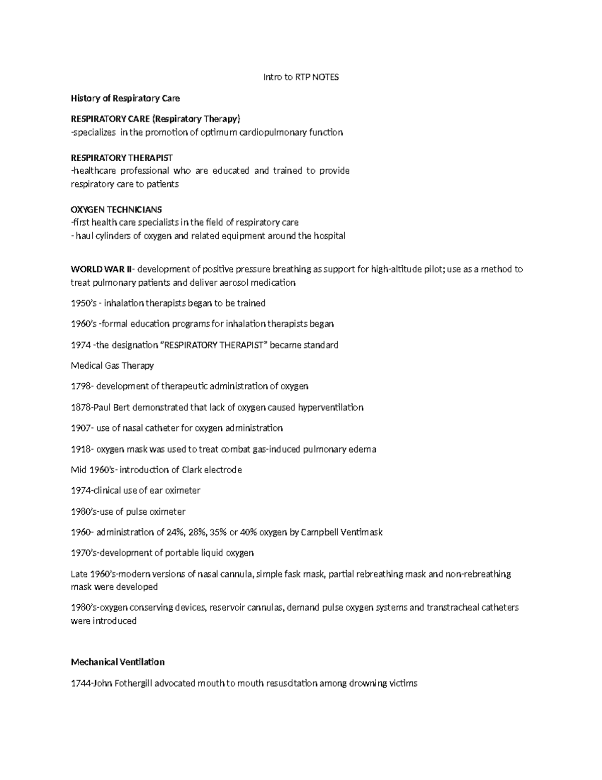Intro to RTP Notes - Intro to RTP NOTES History of Respiratory Care ...