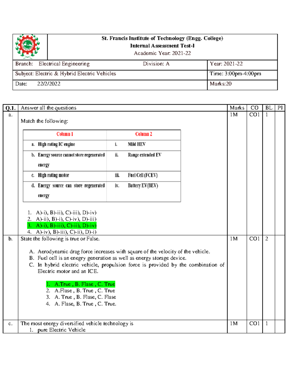 2022 February IAT I SE ELEC SEM IV EHEV solution - St. Francis ...