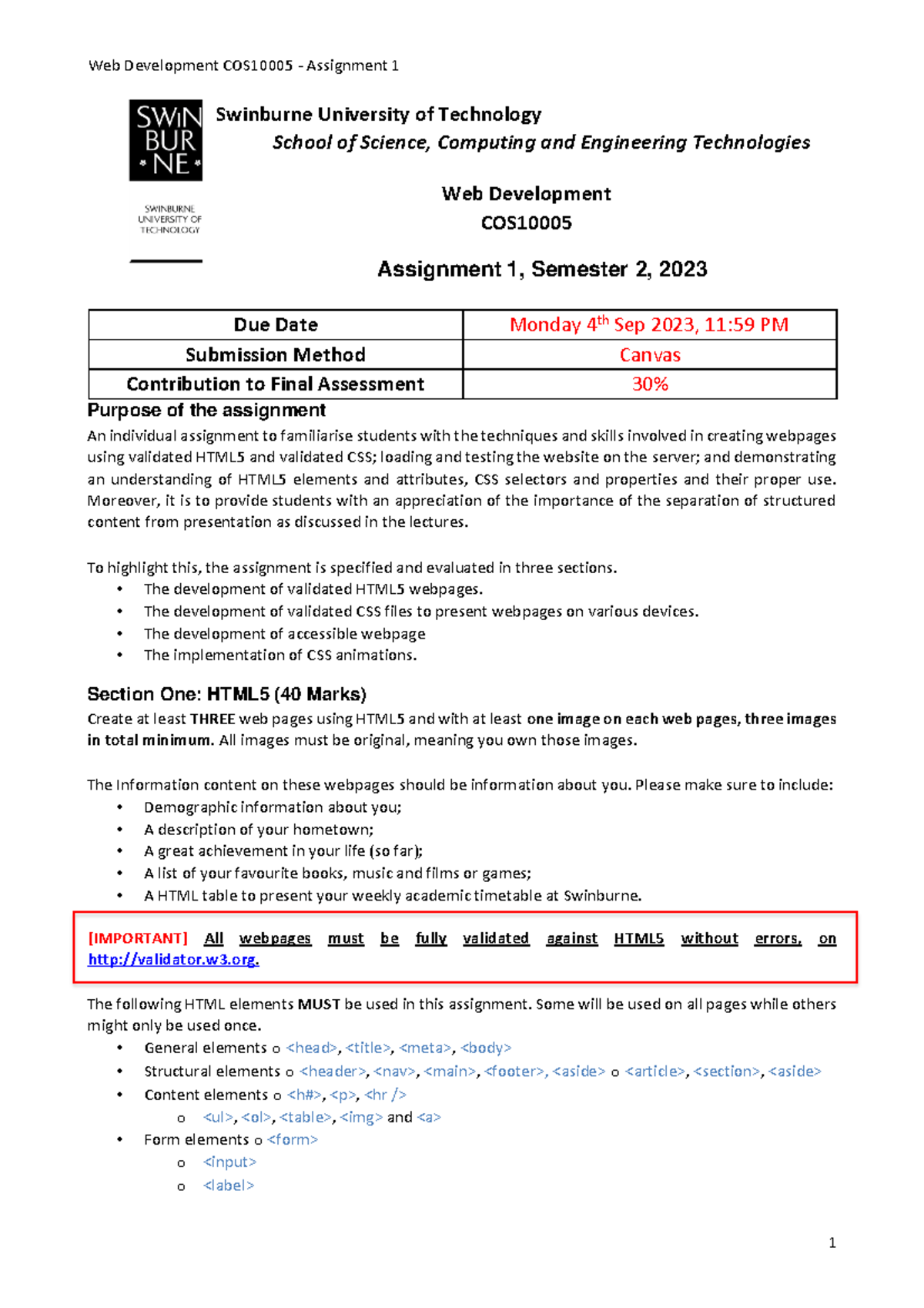 WD Assignment 1 2023S2 V3-2 - Swinburne University of Technology School of Science, Computing ...
