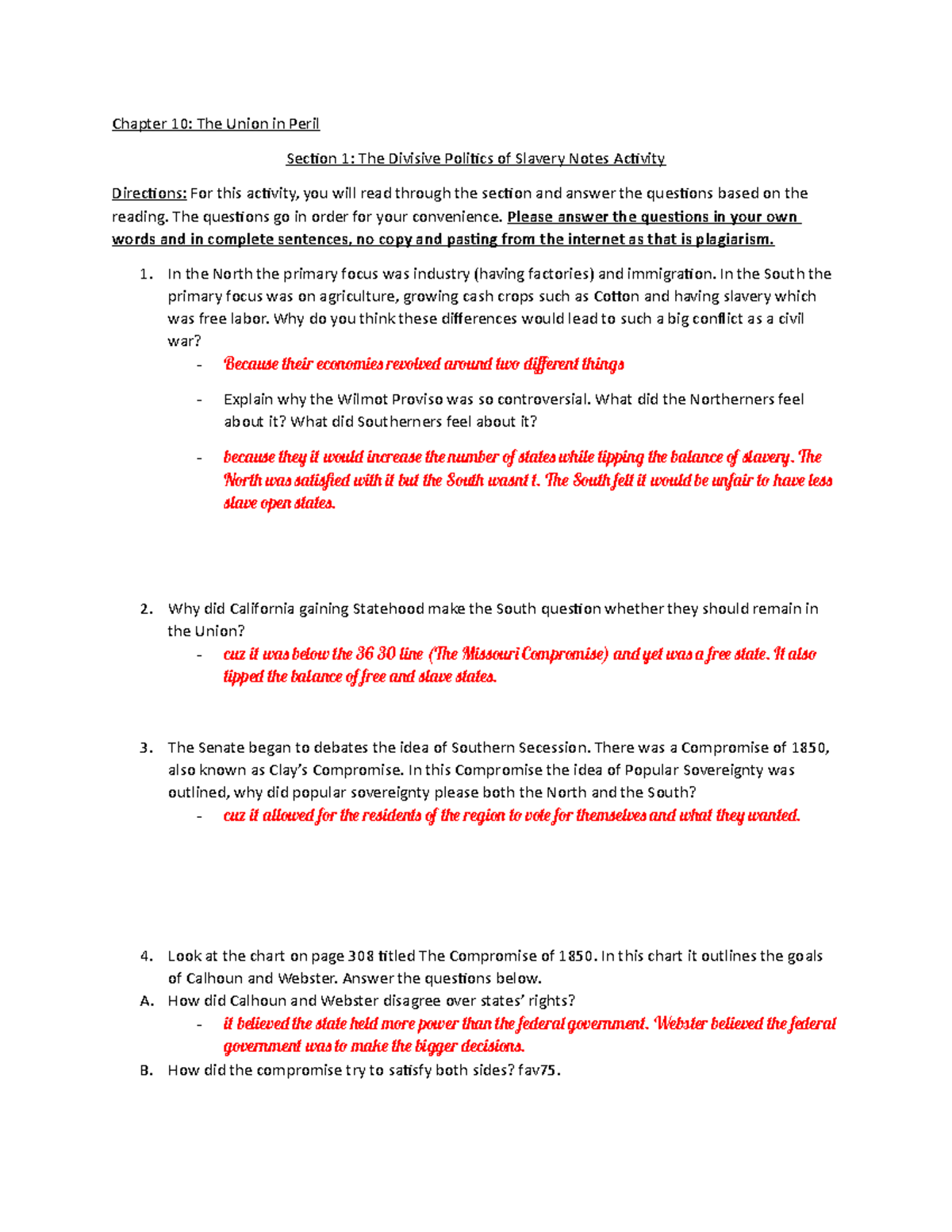 Chapter 10 Section 1Notes - Chapter 10: The Union in Peril Section 1 ...