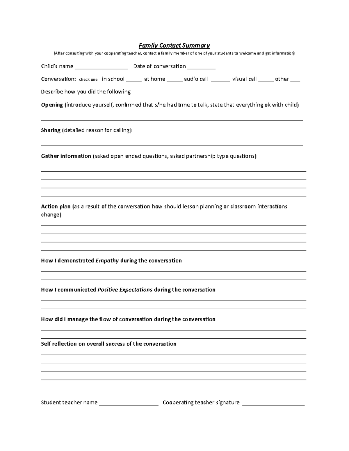 Family Contact Summary - Family Contact Summary (After consulting with ...