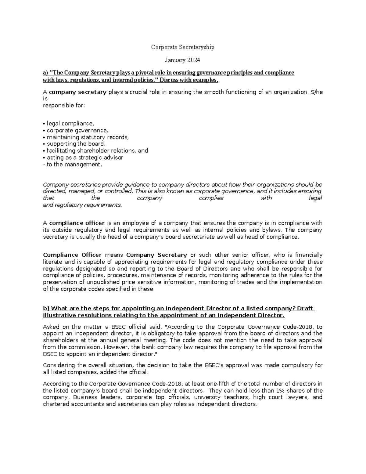 Question solved - Corporate Secretaryship January 2024 a) "The Company ...