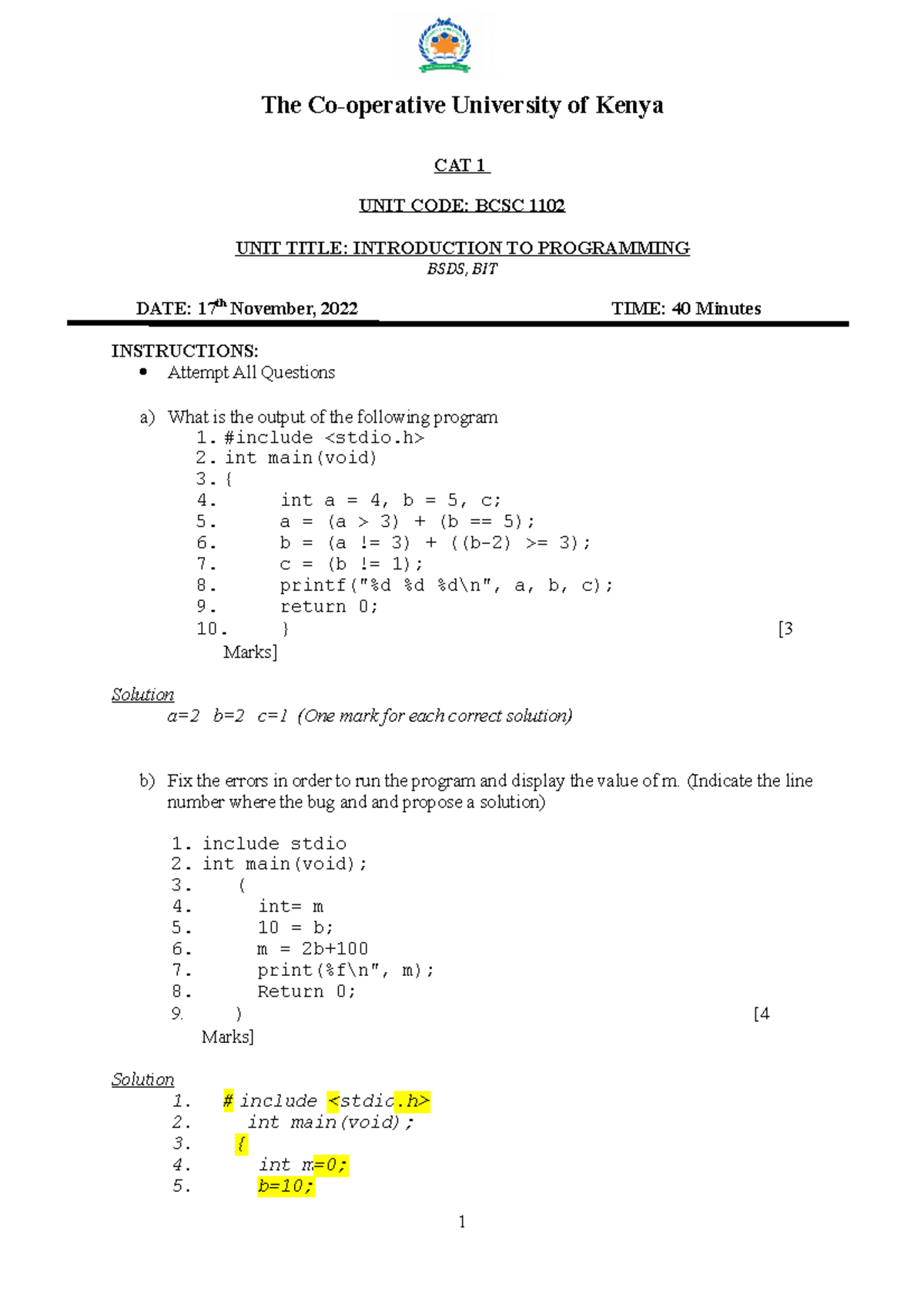 Bcse 1102 Introduction To Programming Cat G1 Marking Scheme The Co Operative University Of