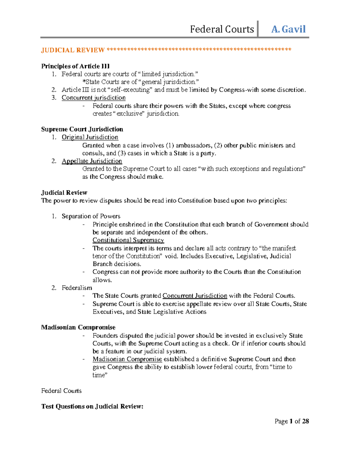 3L Fed Court Outline - Prof Gavil - JUDICIAL REVIEW - Studocu