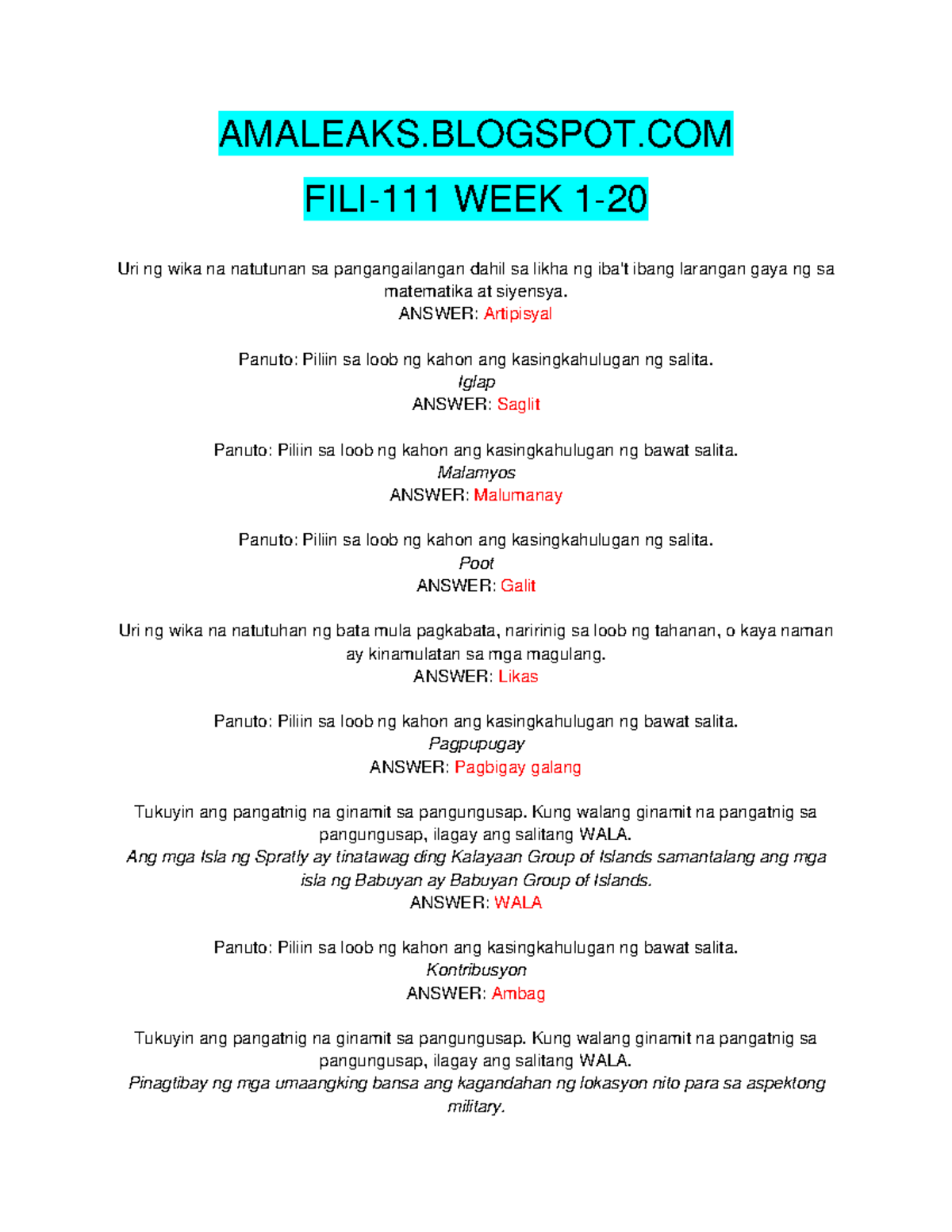 filipino answer key from ama - AMALEAKS.BLOGSPOT FILI-111 WEEK 1- 20 ...