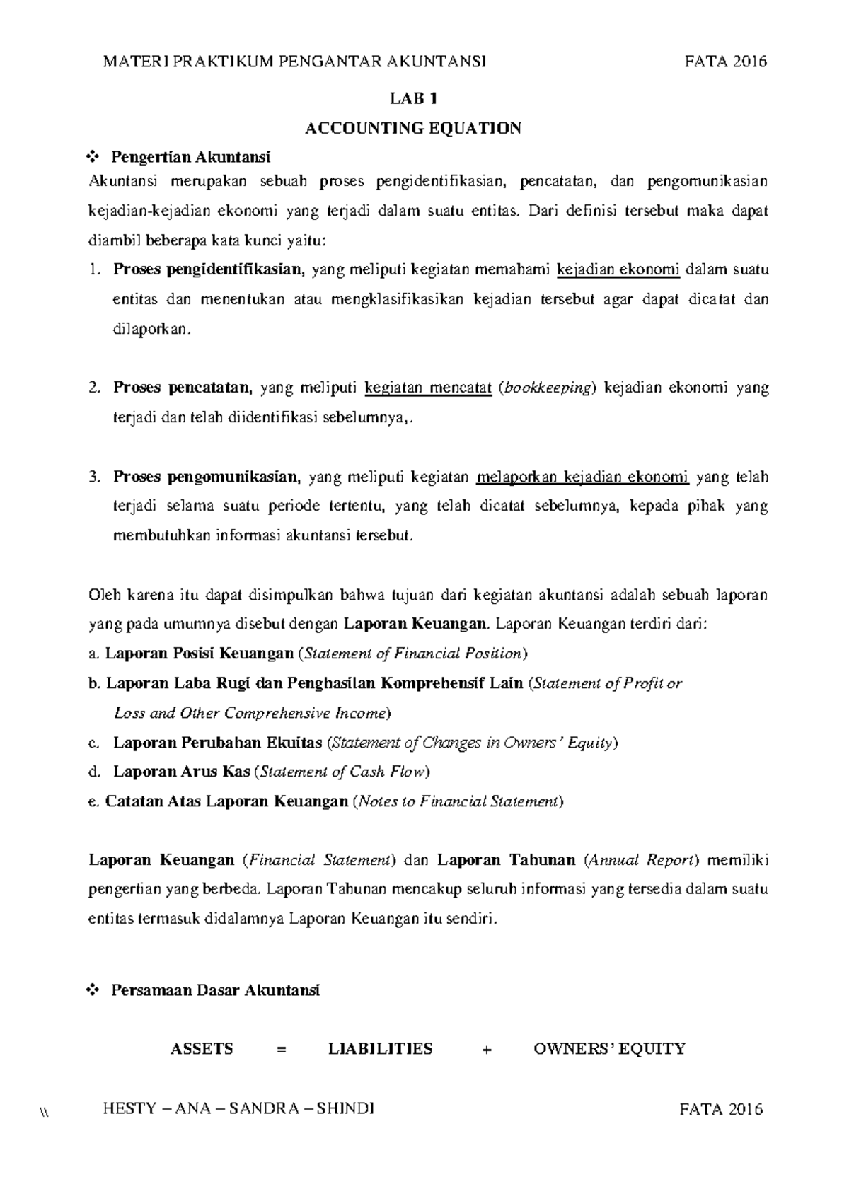 Materi Lab 1 - Accounting Equation - Warning: TT: undefined function: 32 HESTY – ANA – SANDRA ...
