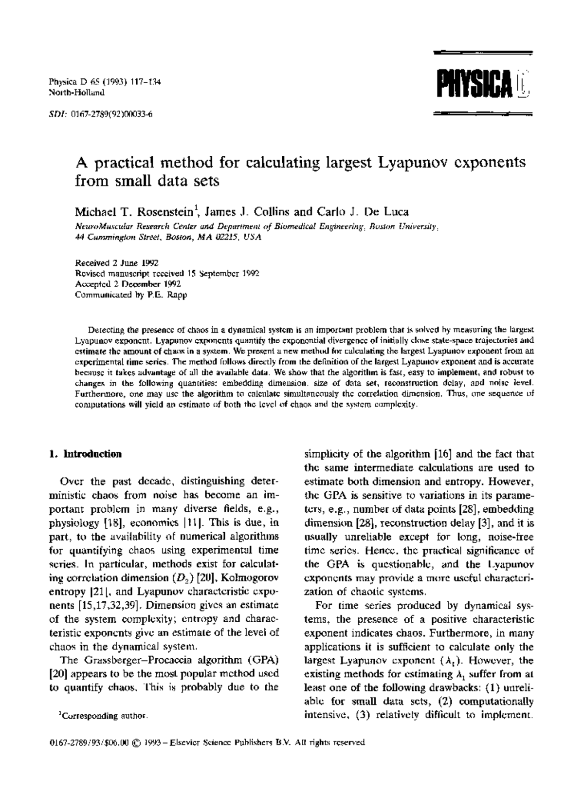 A practical method for calculating largest Lyapunov exponents ...