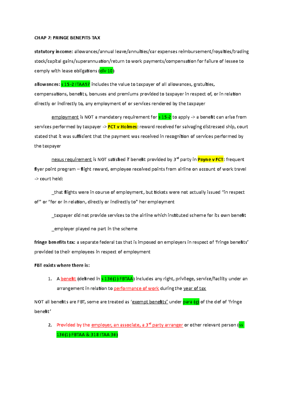 FBT Notes - CHAP 7: FRINGE BENEFITS TAX statutory income : allowances ...