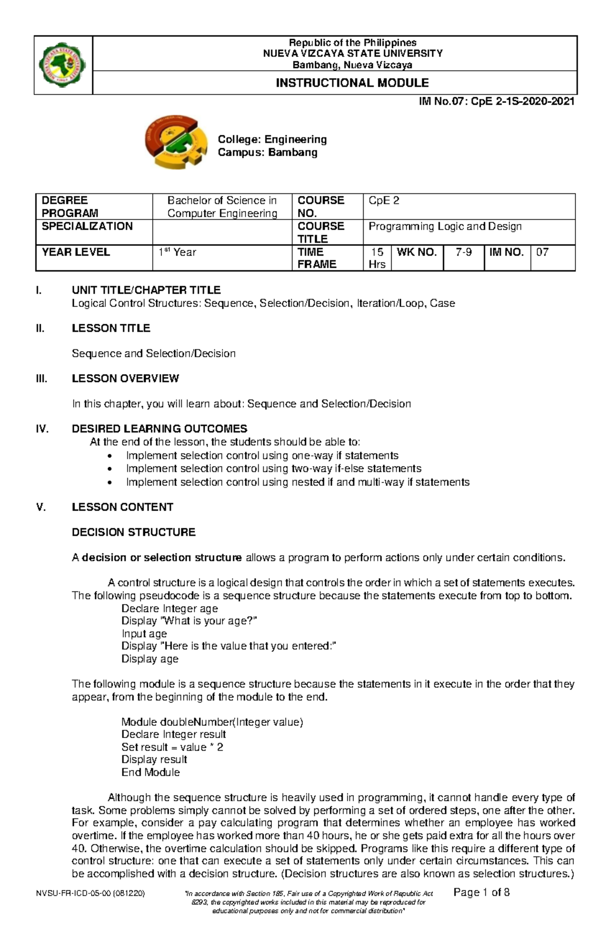 Module PLD 7 - NUEVA VIZCAYA STATE UNIVERSITY Bambang, Nueva Vizcaya INSTRUCTIONAL MODULE IM No ...