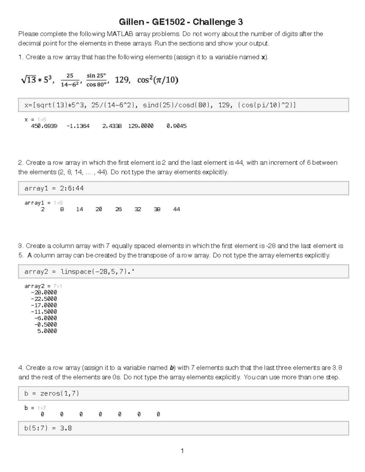 Challenge 3 Matlab Gillen Ge1502 Challenge 3 Please Complete The Following Matlab Array
