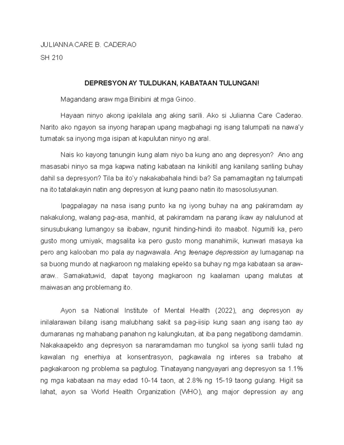 Talumpati - freely make it a reference - JULIANNA CARE B. CADERAO SH ...