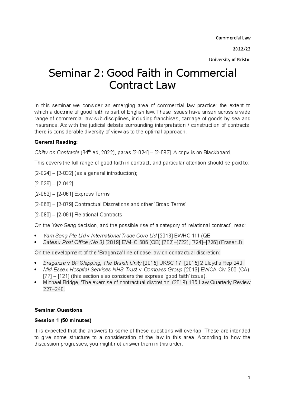 Seminar sheet, LC2, Comml Law- Good Faith - LAWD30028 - University of ...