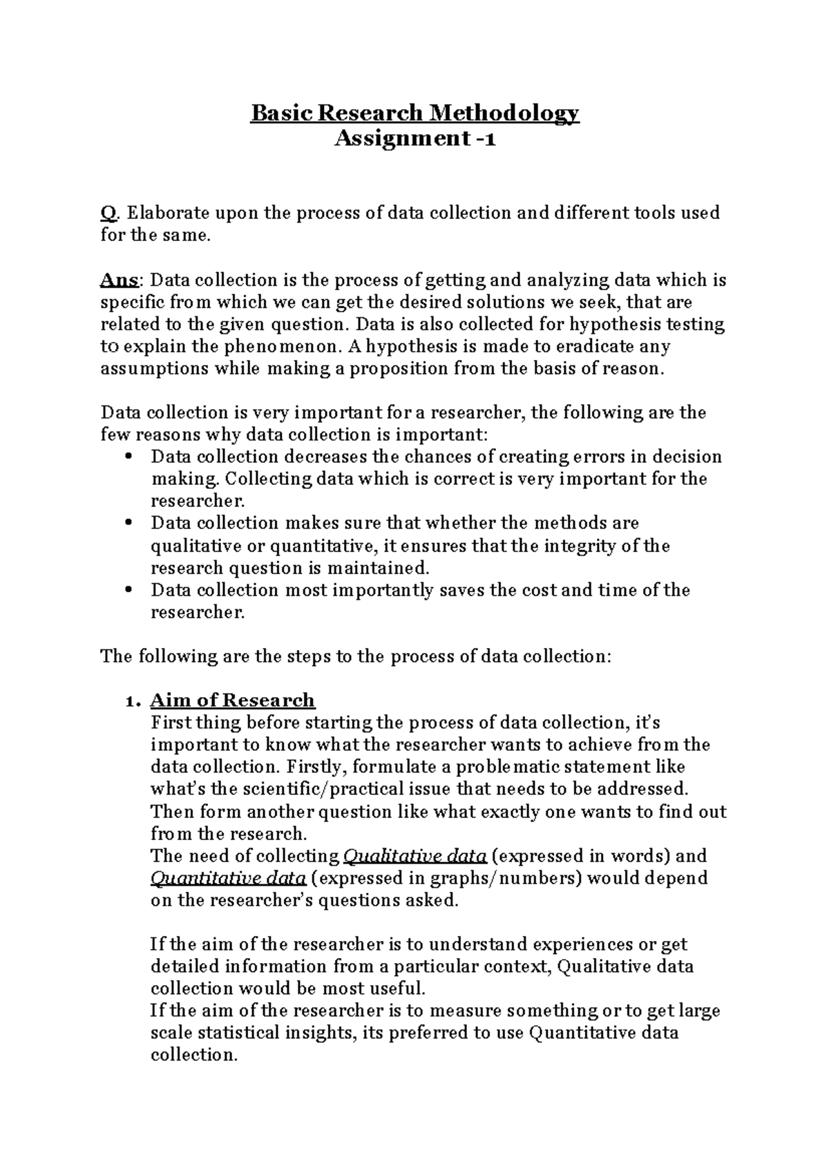 BRM -1 - assignment - Basic Research Methodology Assignment - Q ...