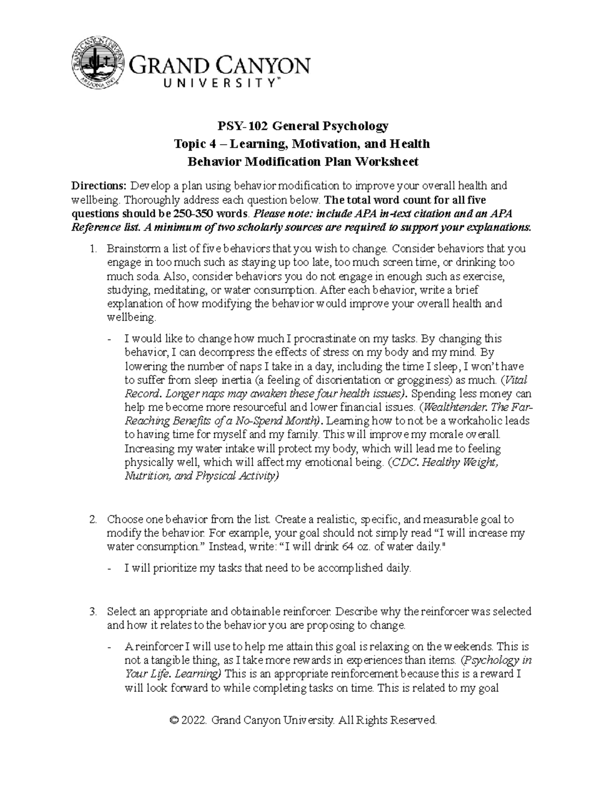 Behavior Modification Plan - PSY-102 General Psychology Topic 4 ...