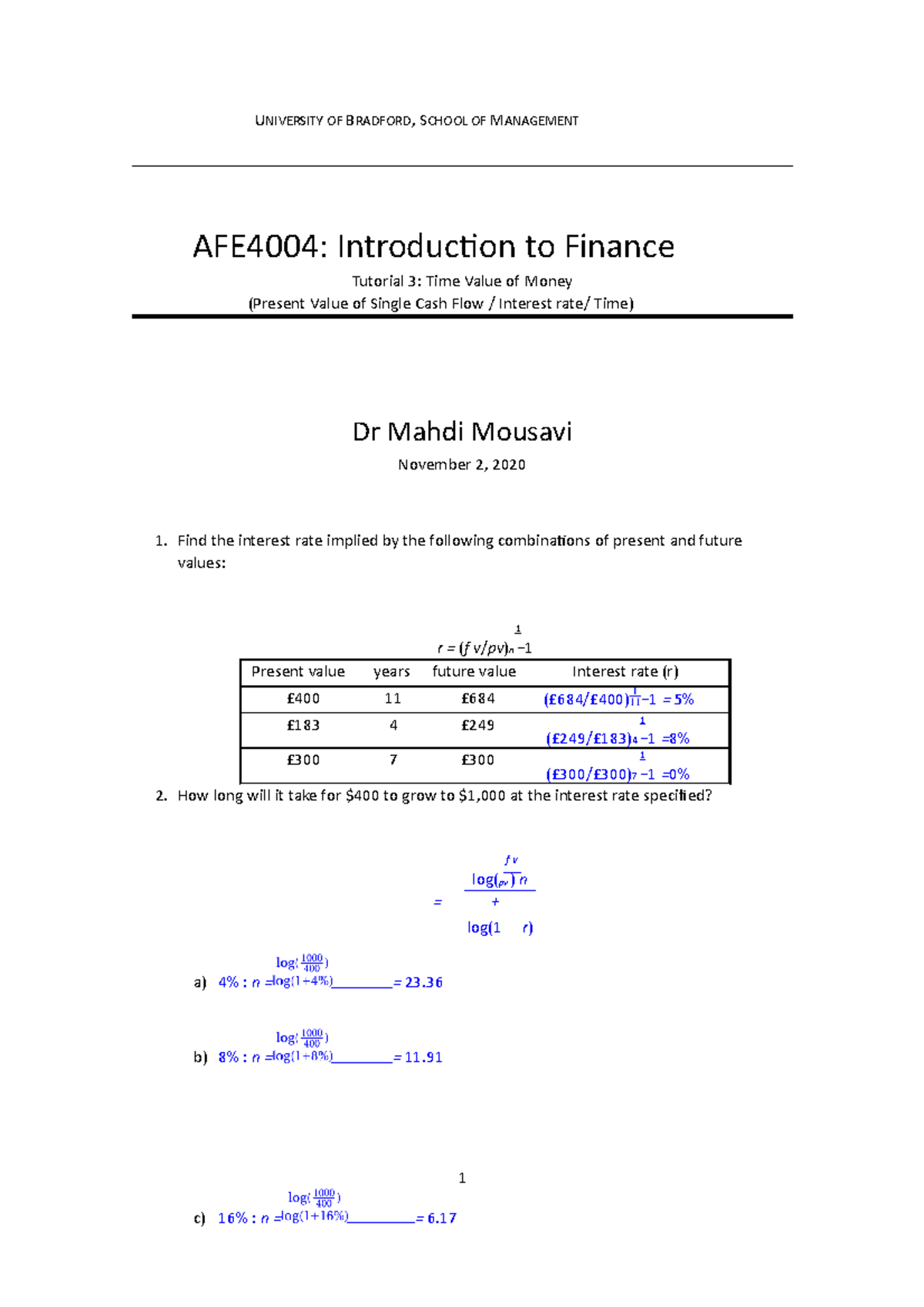 Introduction to Finance Tutorial 3 - How long will it take for $400 to ...