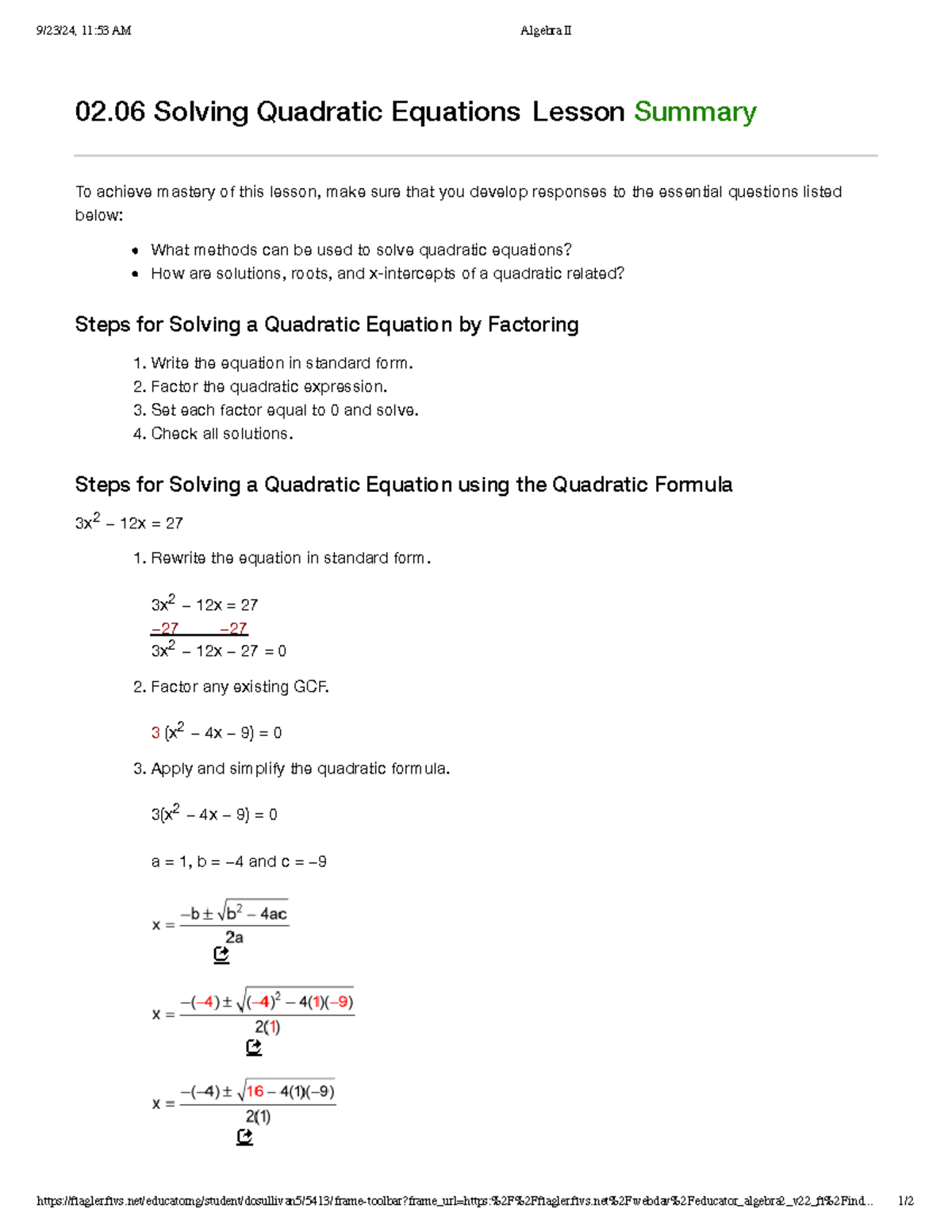 2 - math - 02 Solving Quadratic Equations Lesson Summary To achieve ...