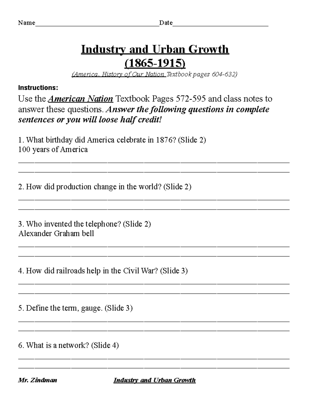 20 Questions - answer key - Industry and Urban Growth (1865-1915 ...