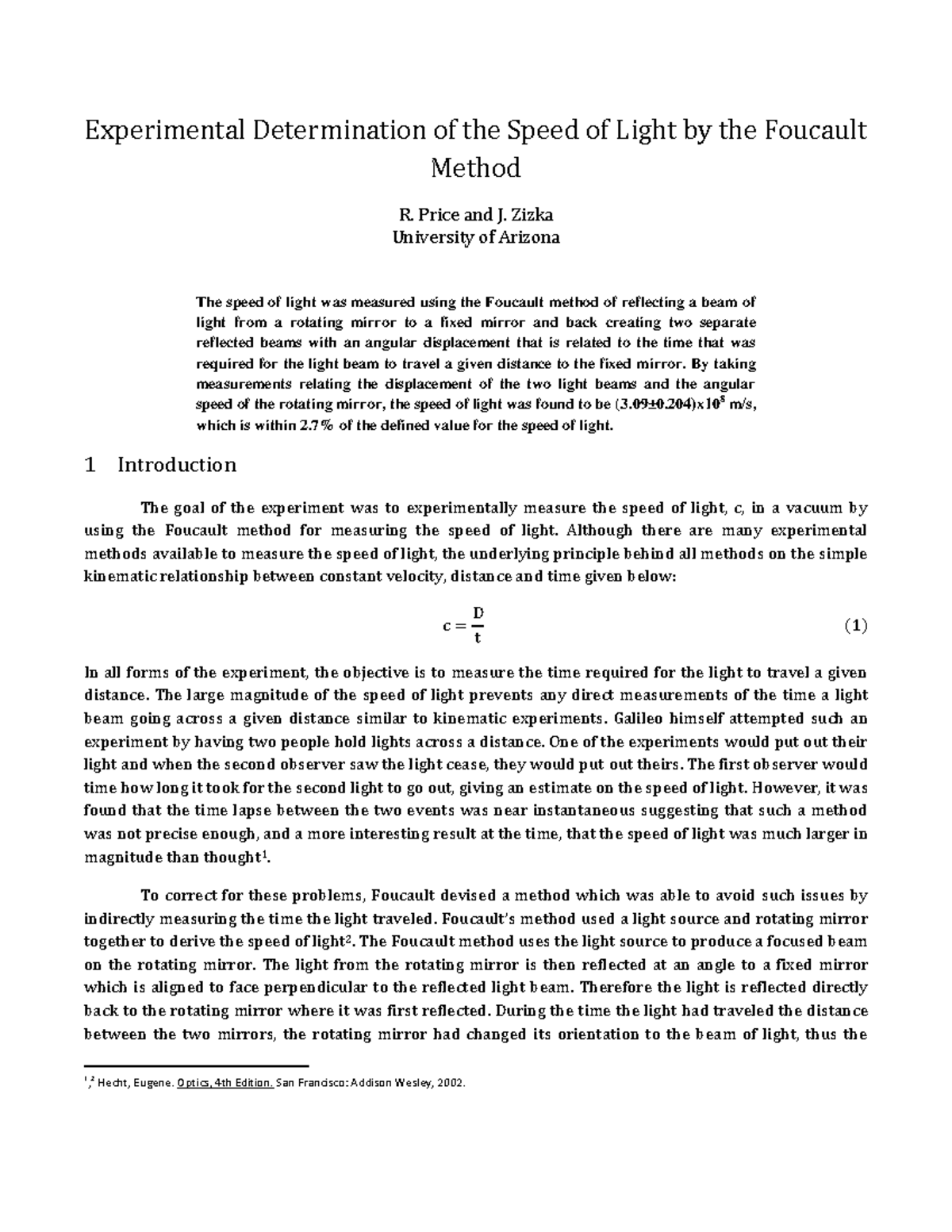 Speedof Light - summaries - Experimental Determination of the Speed of ...