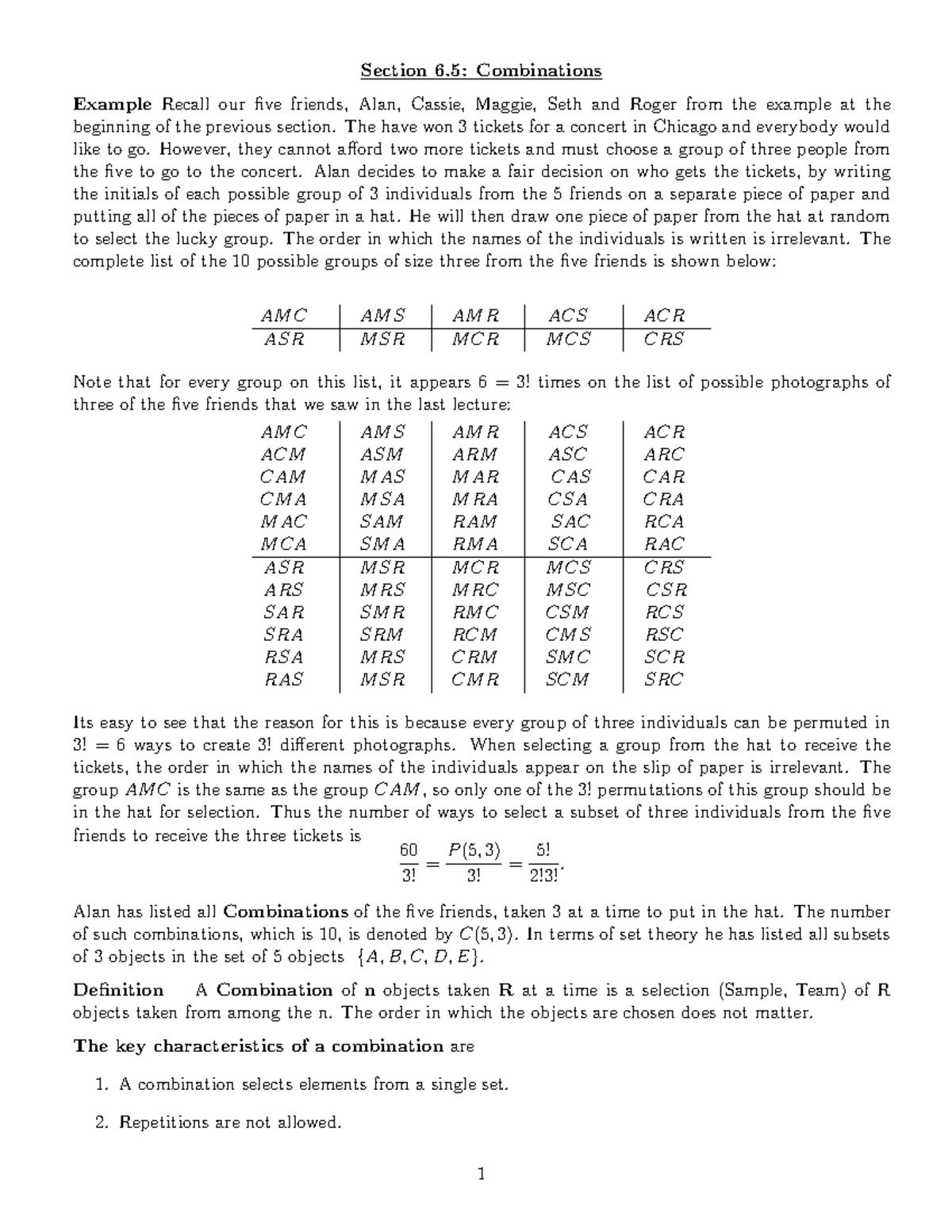 Lecture notes 5 - Combinations - Section 6: Combinations Example Recall ...