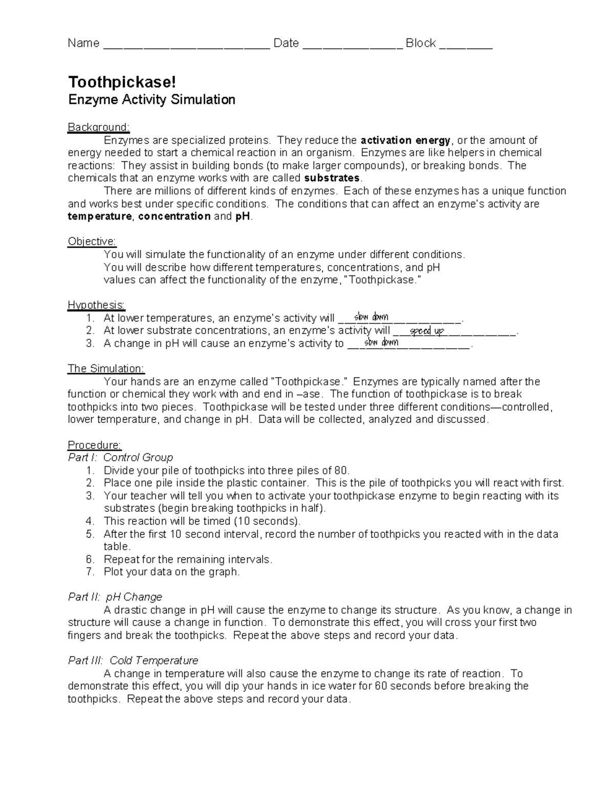 Toothpickase-enzyme activity - Name _________________________ Date ...