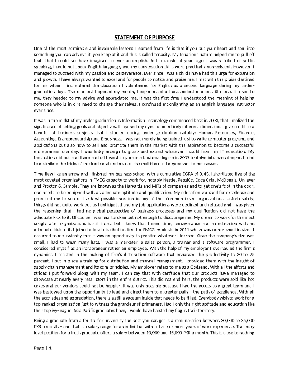 Statement OF Purpose - STATEMENT OF PURPOSE One of the most admirable ...