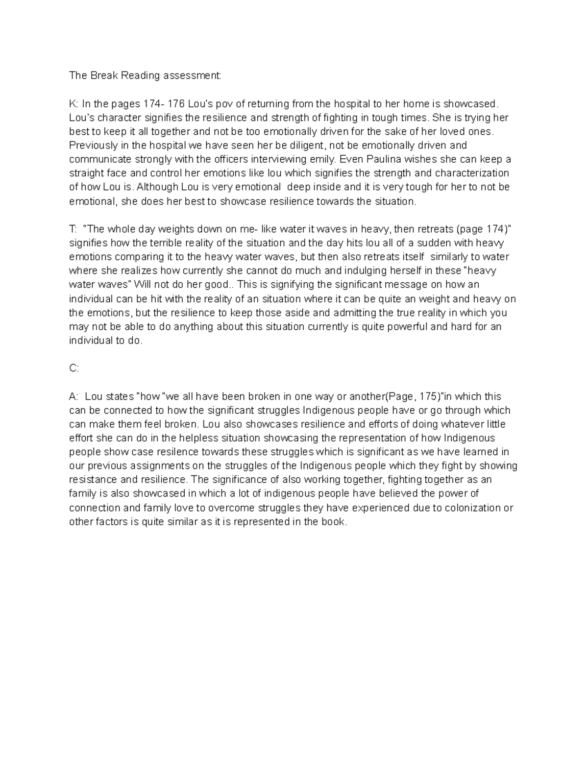 The Break Reading assessment - Lou’s character signifies the resilience ...