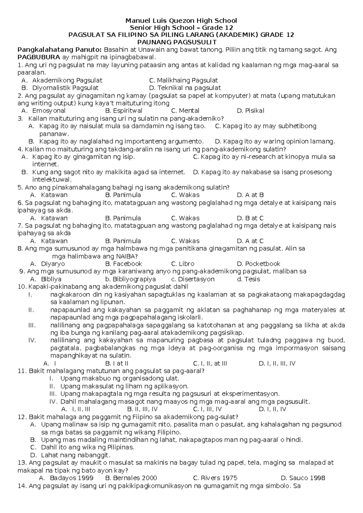 Pretest Filipino Sa Piling Larang Tq - Manuel Luis Quezon High School ...
