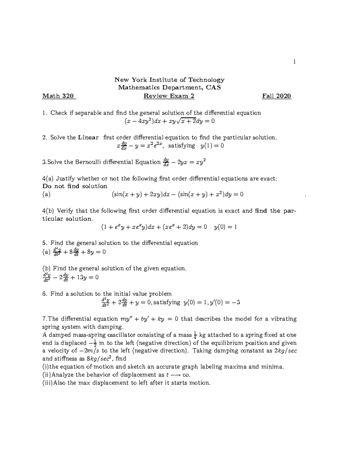 Test 2 Review For Exam - 1 New York Institute of Technology Mathematics ...