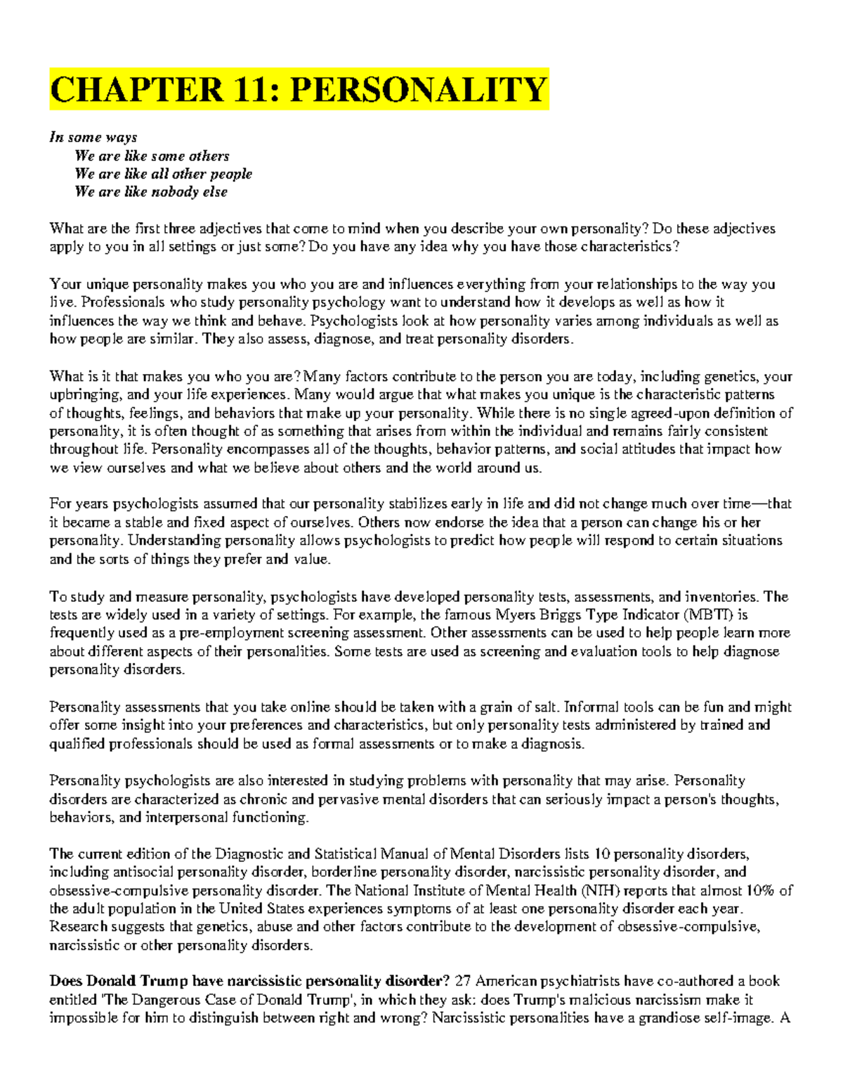 Ch 11 Personality (Winter 2021) ONL - CHAPTER 11: PERSONALITY In some ...