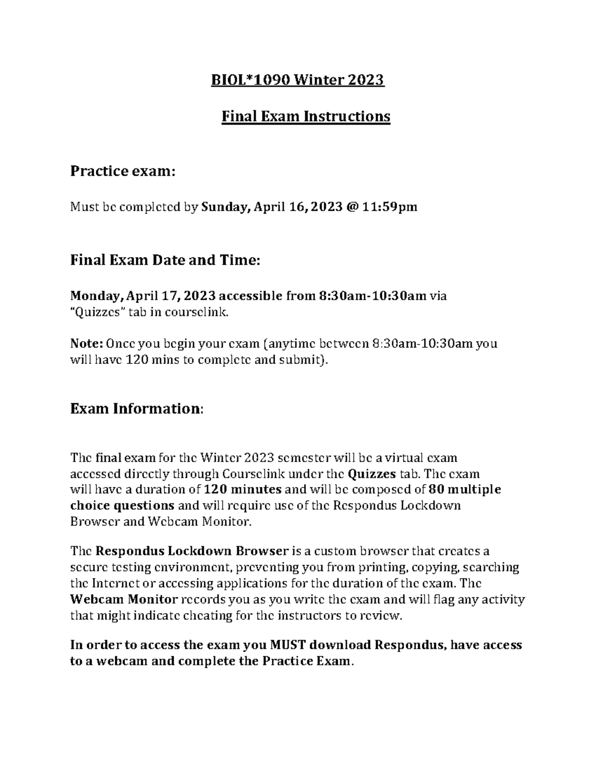 BIOL1090 (W23) Final Exam Instructions - BIOL*1090 Winter 2023 Final Exam Instructions Practice ...