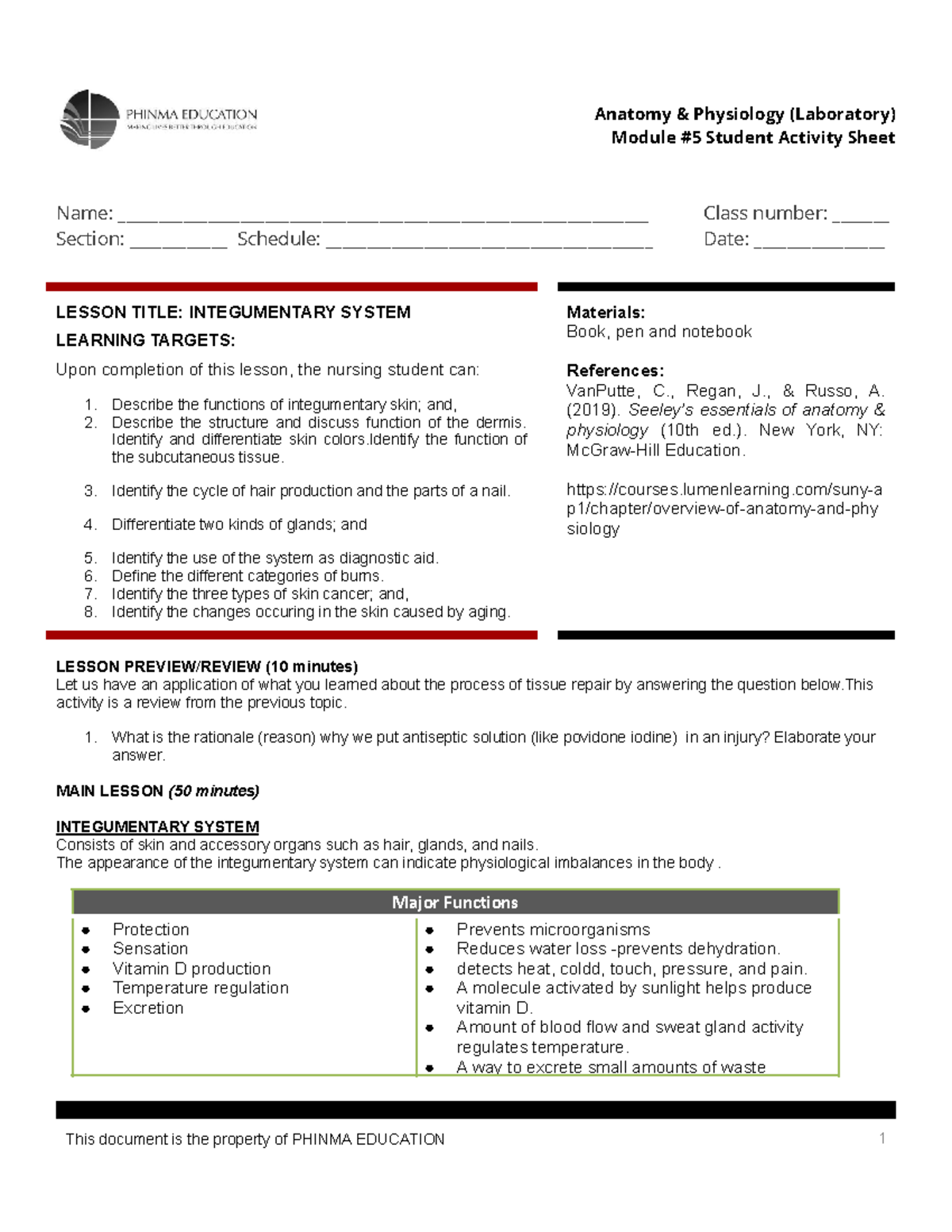 SAS 5 ( Integumentary) - Sas 5 - Module #5 Student Activity Sheet Name ...