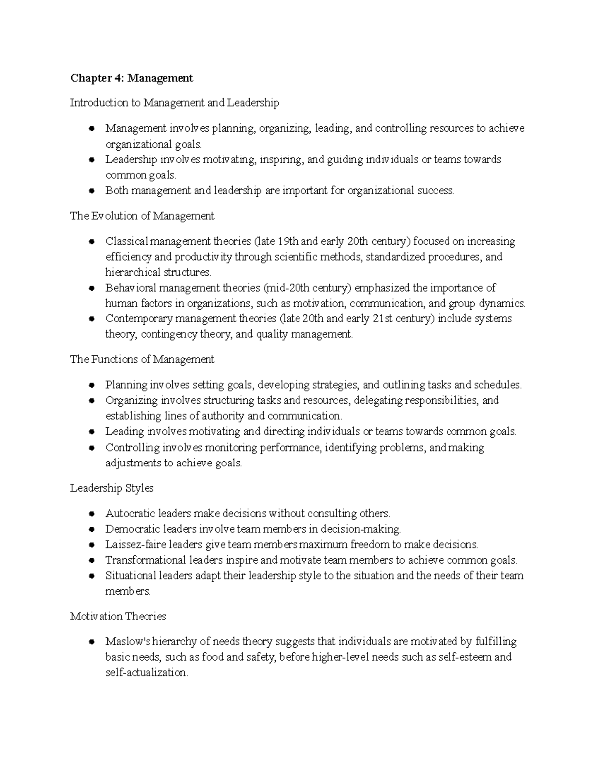 BUS 101 Chapter 4 - BUS 101 Notes for Ch 4 - Chapter 4: Management ...